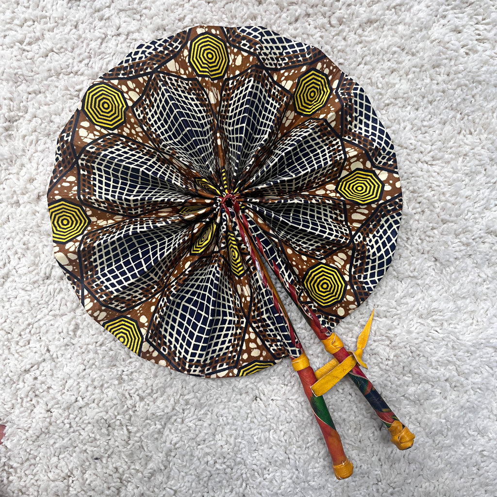 African Print Circle Foldable Handheld Fan - Brown / yellow | Afrilege