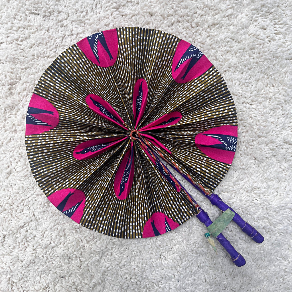 African Print Circle Foldable Handheld Fan - Brown / Pink | Afrilege