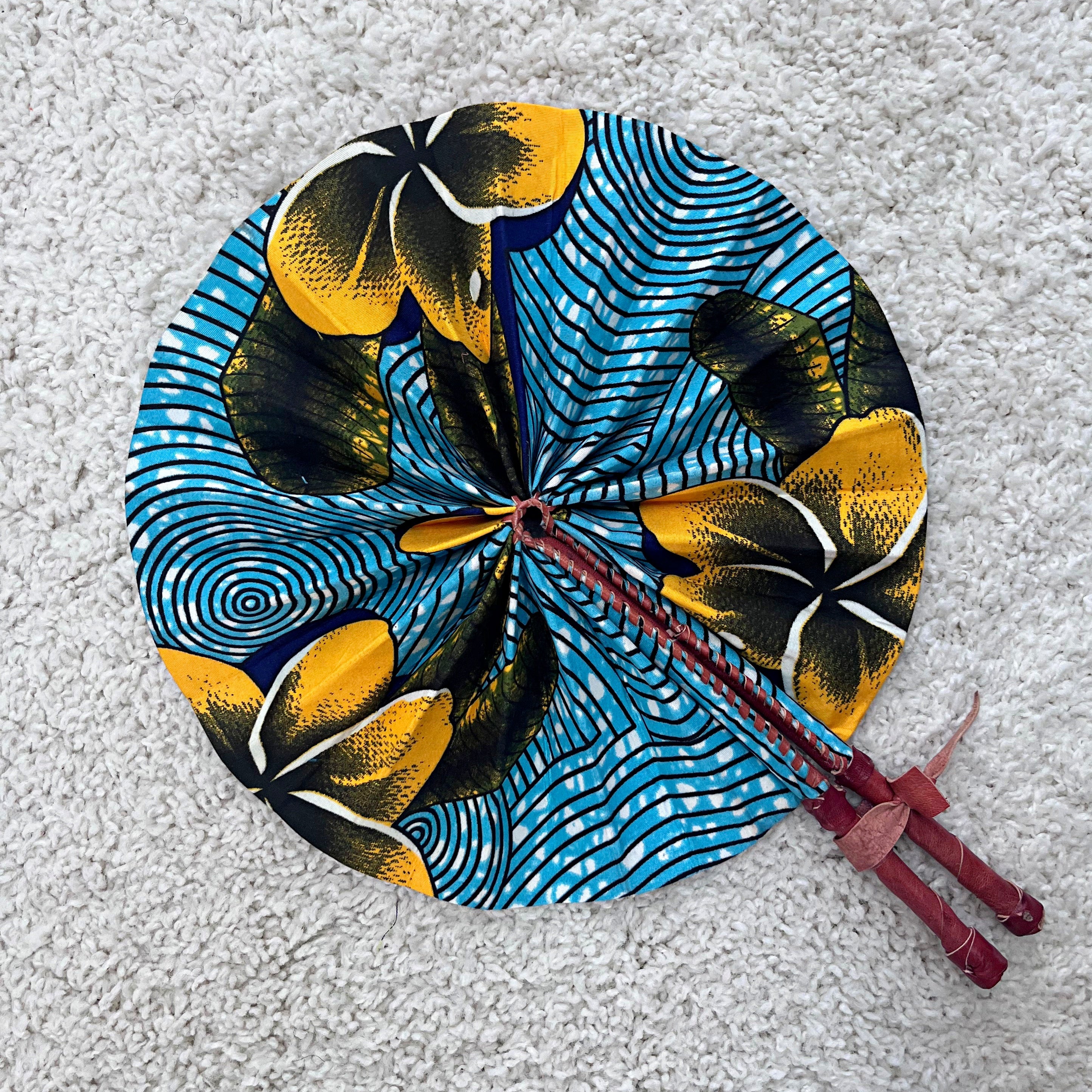 African Print Circle Foldable Handheld Fan - Blue / Yellow | Afrilege
