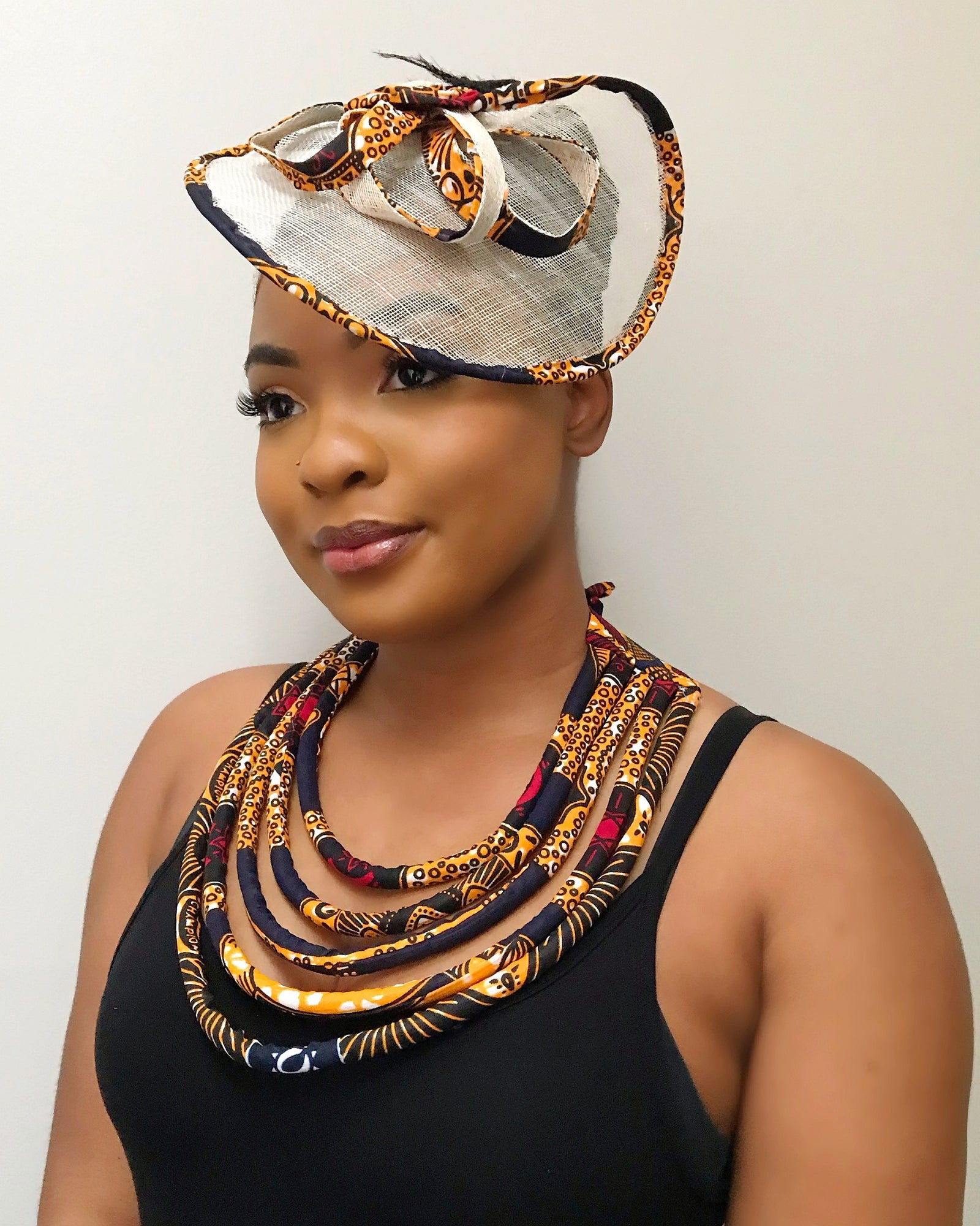 Bessa African Print Fascinator Hat - Navy blue / Orange | Afrilege