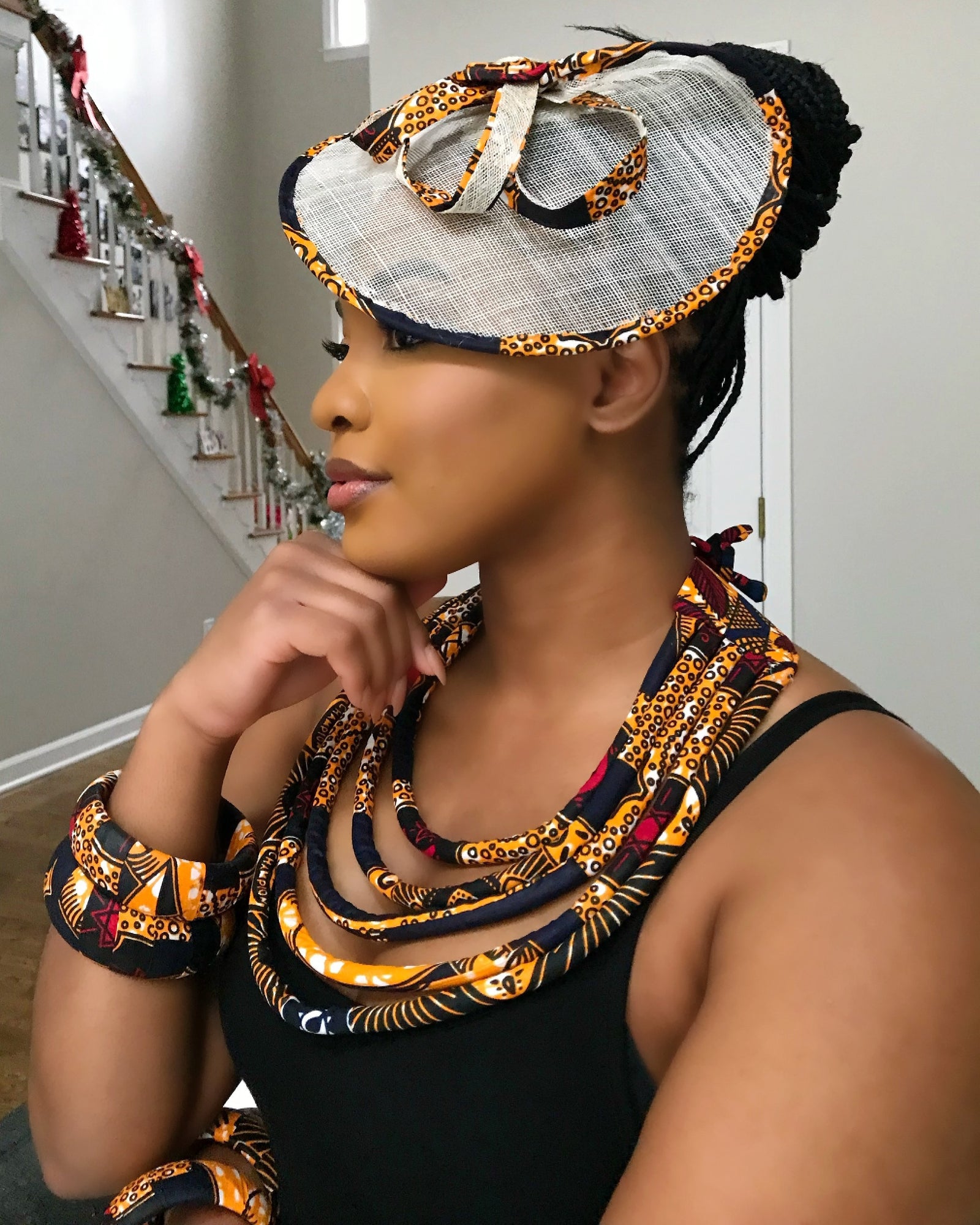 Bessa African Print Fascinator Hat - Navy blue / Orange | Afrilege