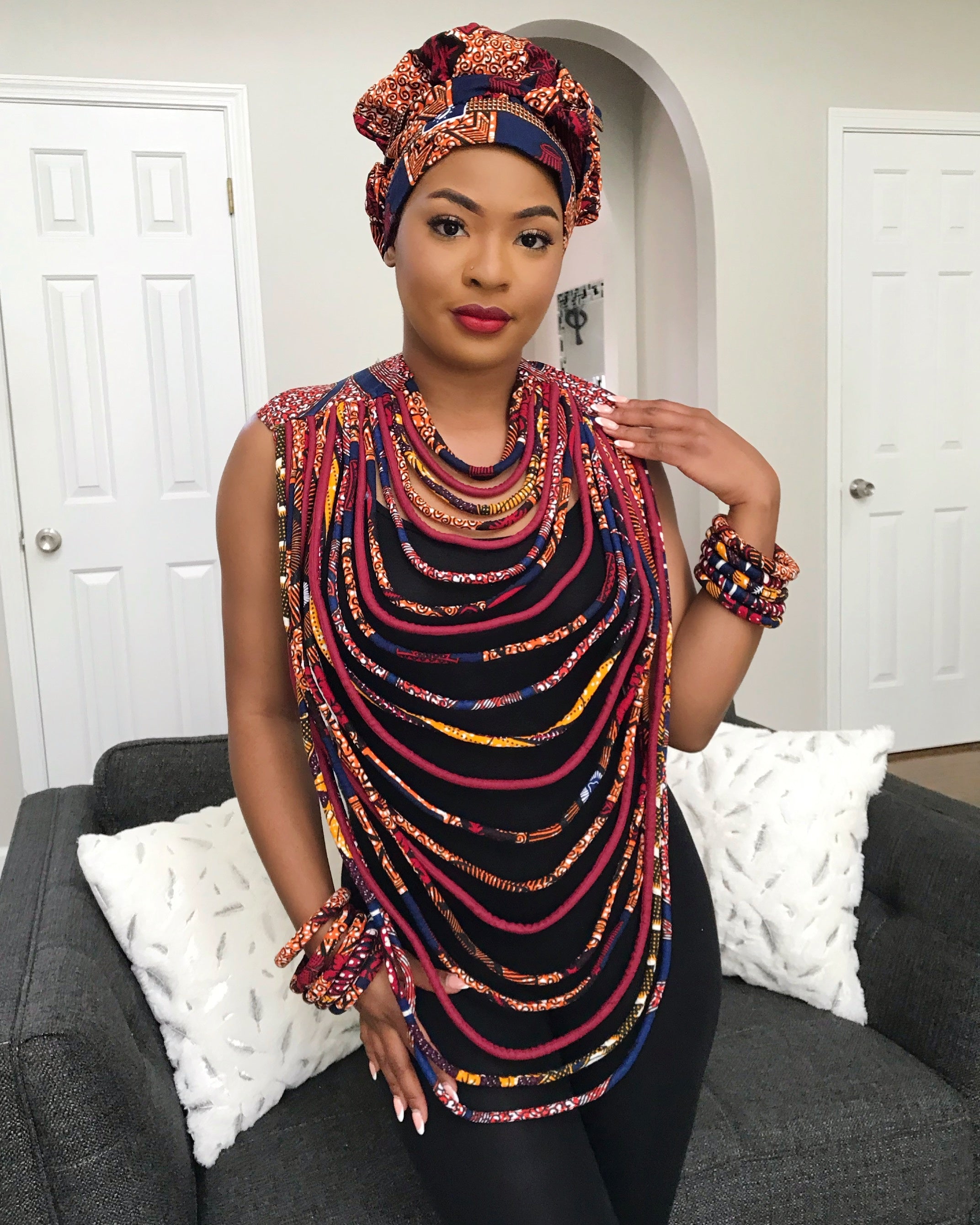 Carol Maroon African Print 24 Strands Statement Rope | Afrilege