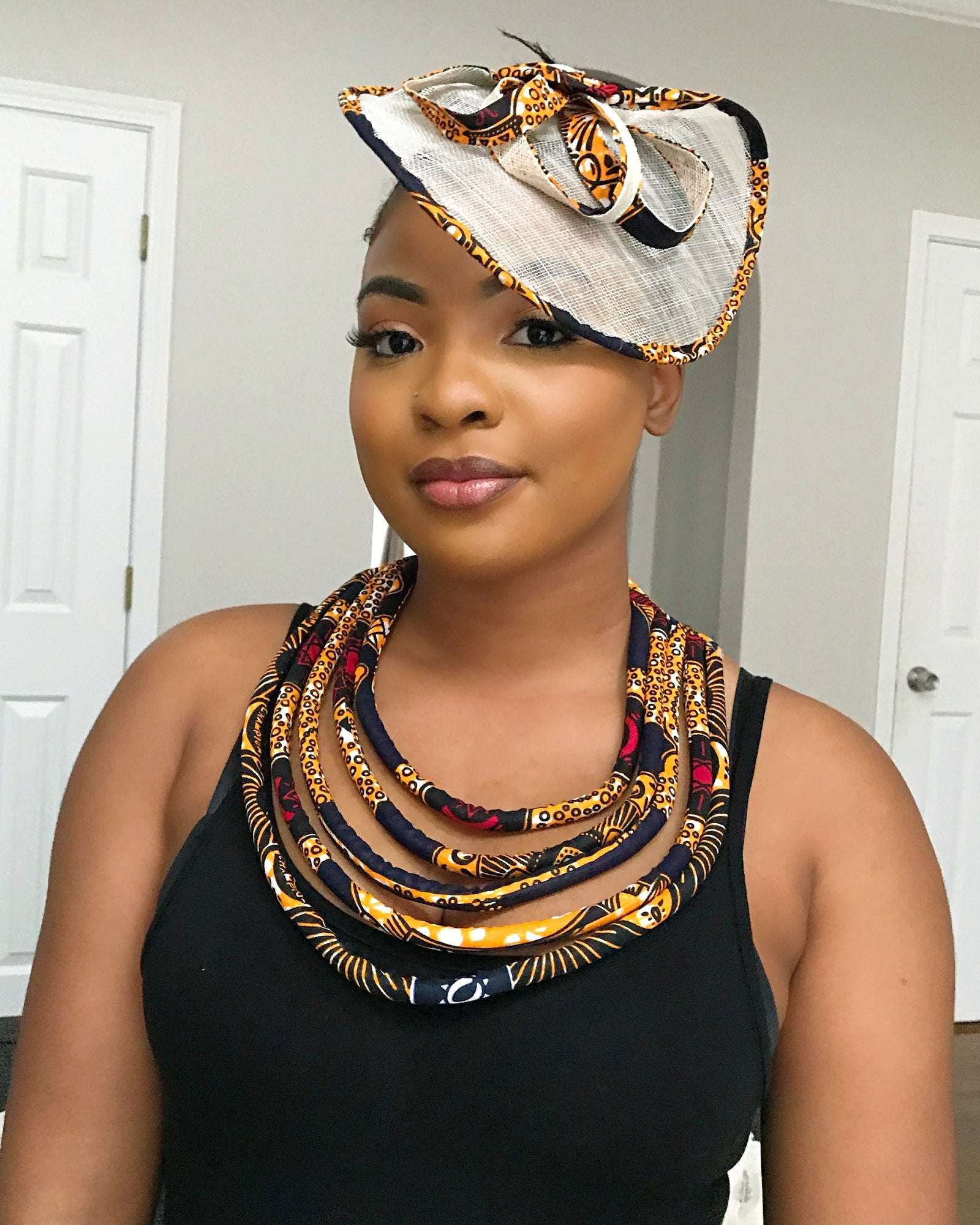 Bessa African Print Fascinator Hat - Navy blue / Orange | Afrilege