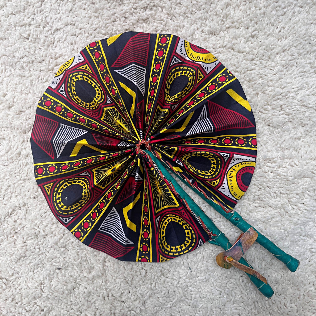 African Print Circle Foldable Handheld Fan - Black / Red / Yellow ...