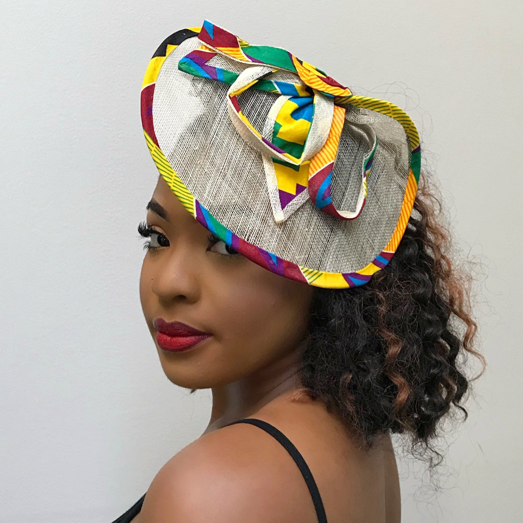 Kente African Print Fascinator Hair Clip Hat - Yellow / Purple | Afrilege