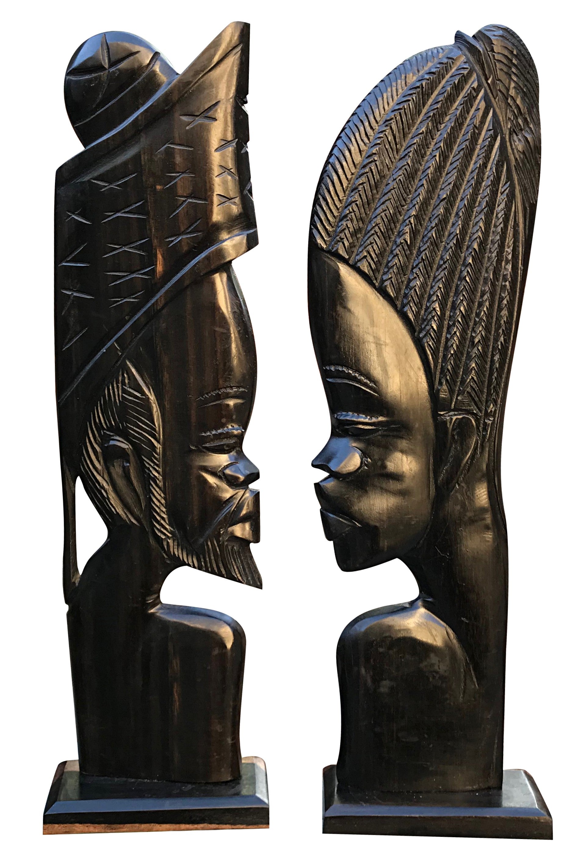 African Couple Head Ebony Wood Carved Statue (Set of 2) | Afrilege