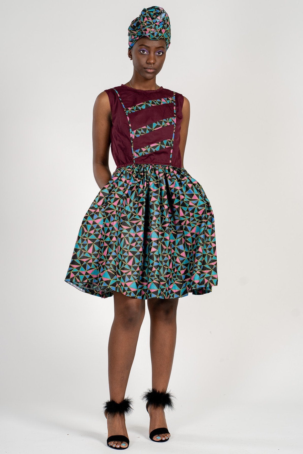 Abayomi African Print Midi Dress - Maroon/ Green | Afrilege