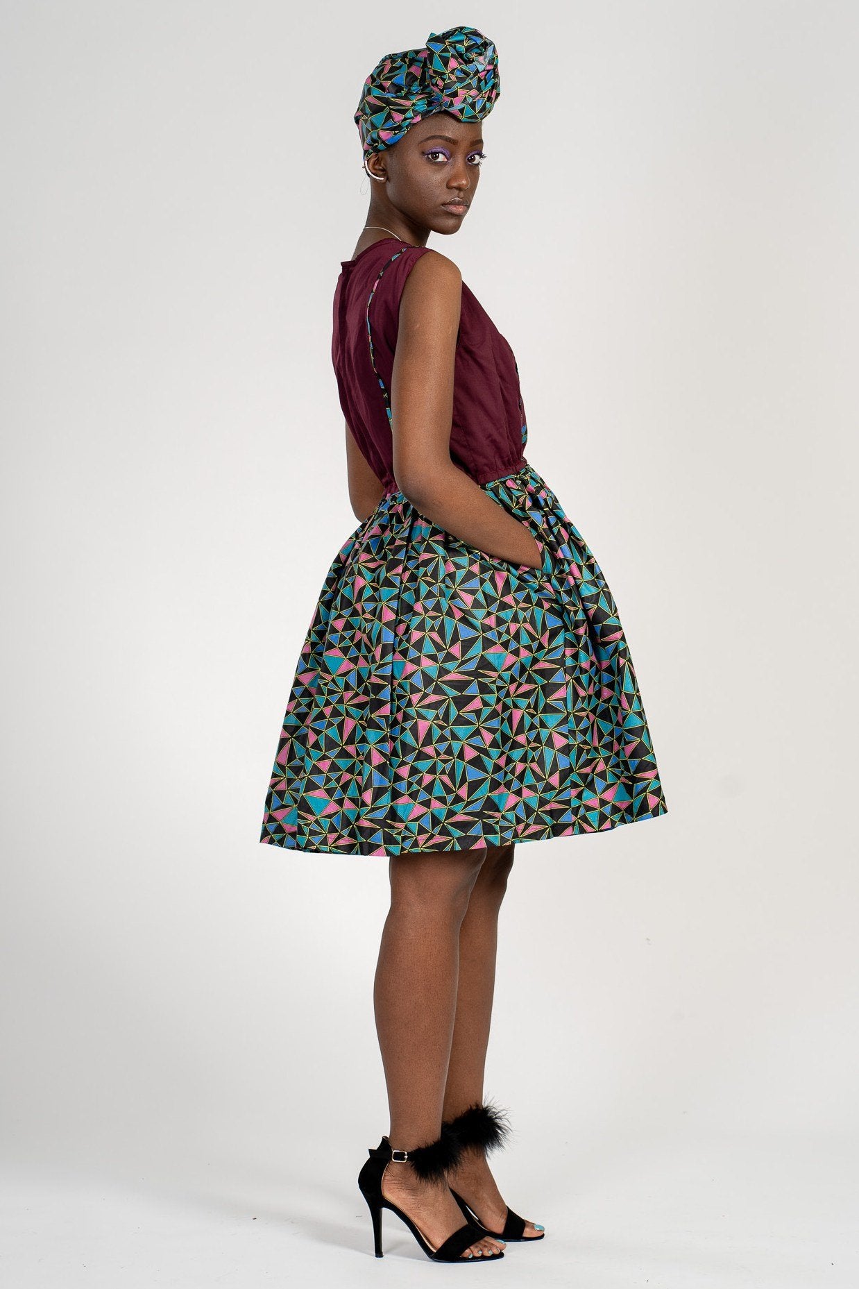 Abayomi African Print Midi Dress - Maroon/ Green | Afrilege
