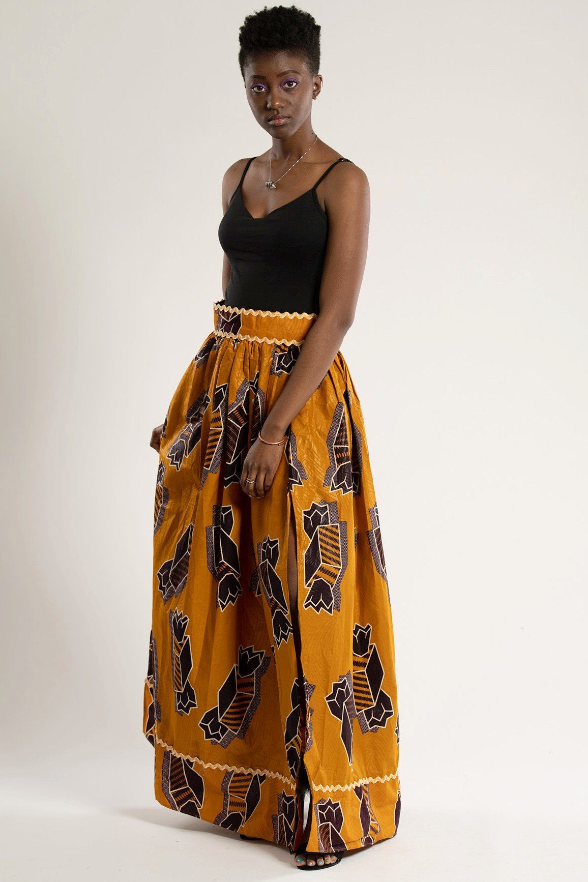 Ayomide African Print Maxi Skirt (Brown - Gold) | Afrilege