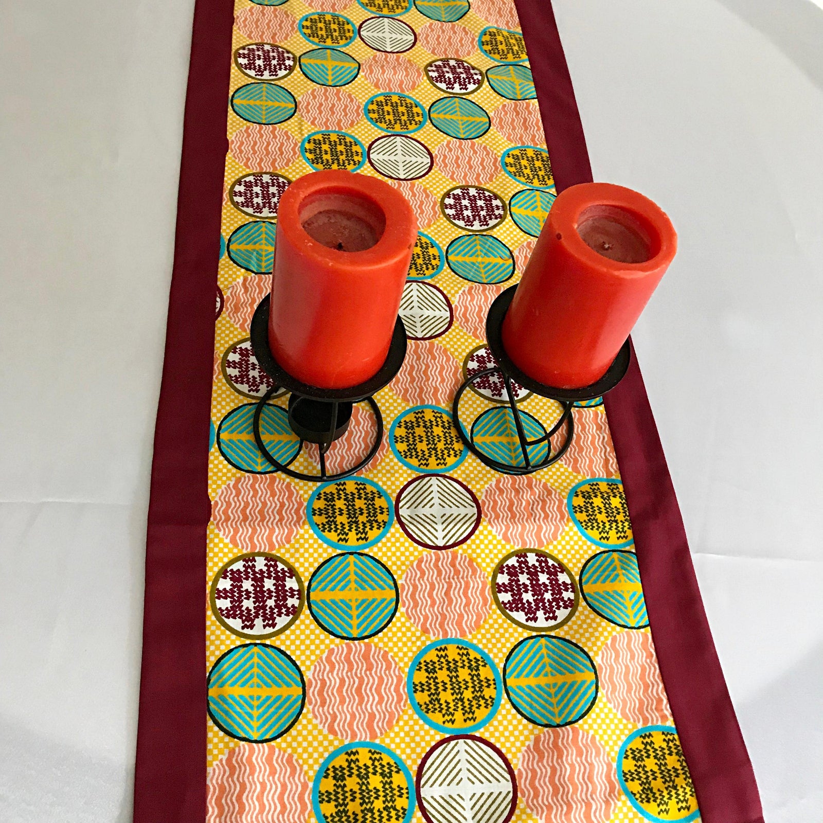 Ife African Print Table Runners (Maroon/ Orange/ Green) | Afrilege