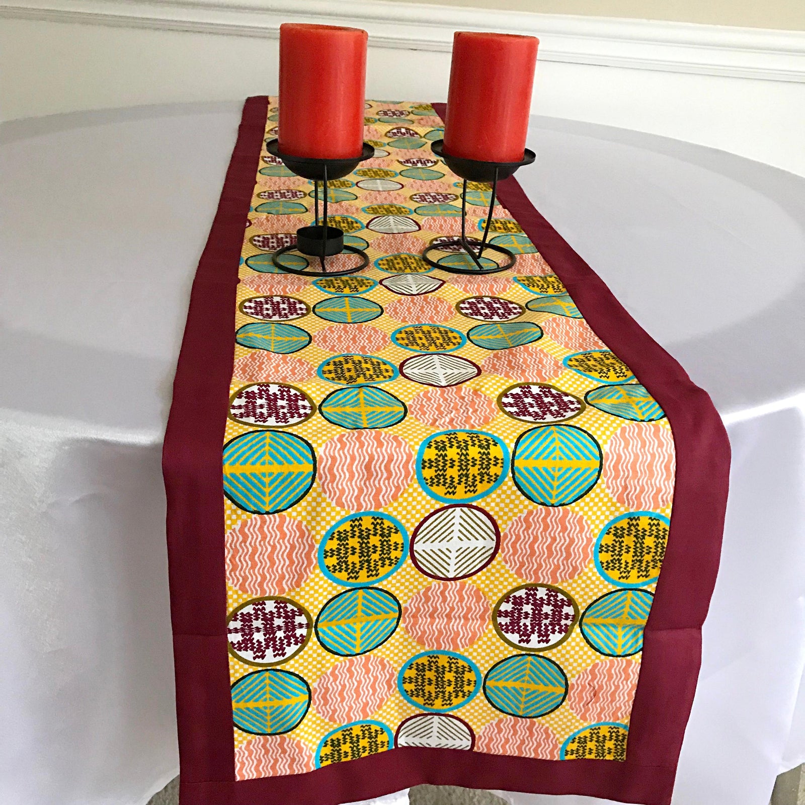 Ife African Print Table Runners (Maroon/ Orange/ Green) | Afrilege